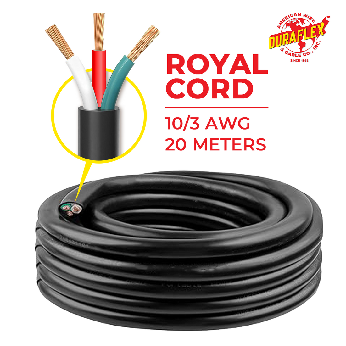 LQD Duraflex Royal Cord 10/3 AWG 20 meters Gauge Conductor Portable El ...