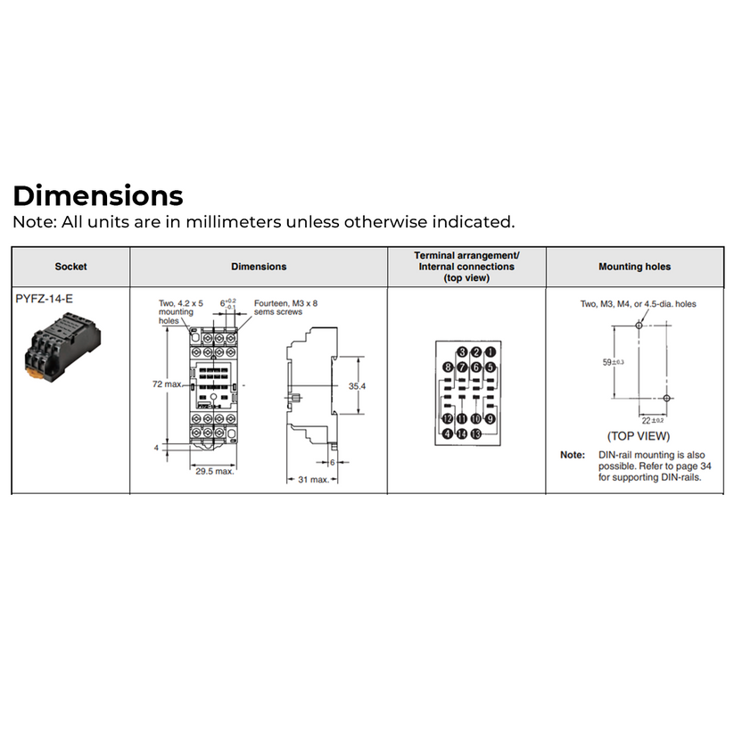 Omron PYFZ-14-E Relay Socket 14 Pin 250VAC 6A DIN Rail-Mounted MY4 Scr ...